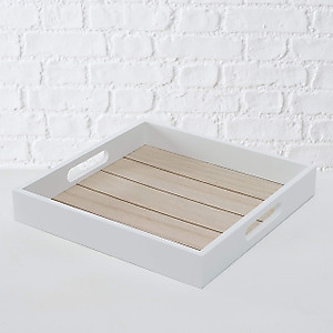 WHW Whole House Worlds Cape Cod Cocktail Tray Table, White and Pale Wood Tones, Natural Wood and MDF Shiplap, 11 ¾ L x 11 ¾ W x 14 ¼ Inches