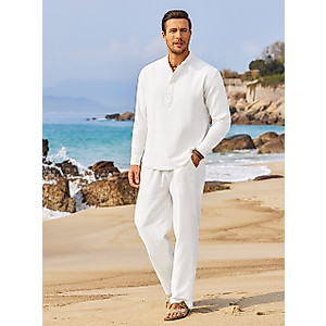 COOFANDY Men's 2 Pieces Cotton Linen Set Long Sleeve Henley Shirts Casual Beach Pants With Pockets Summer Yoga Outfits