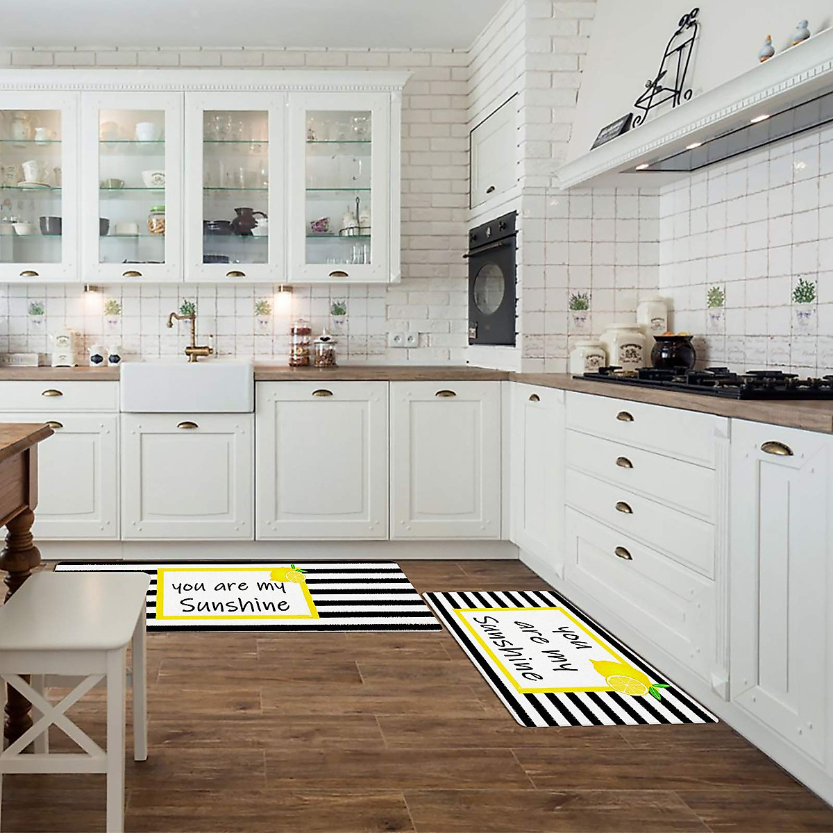 Lemon Kitchen Rugs Set 2 Piece 15.7x23.6in+15.7x47.2in, Non-Slip Kitchen Mats Set Rubber Backing Indoor Entry Door Mat Carpets - Summer Fresh Fruit Yellow Border Black and White Stripes