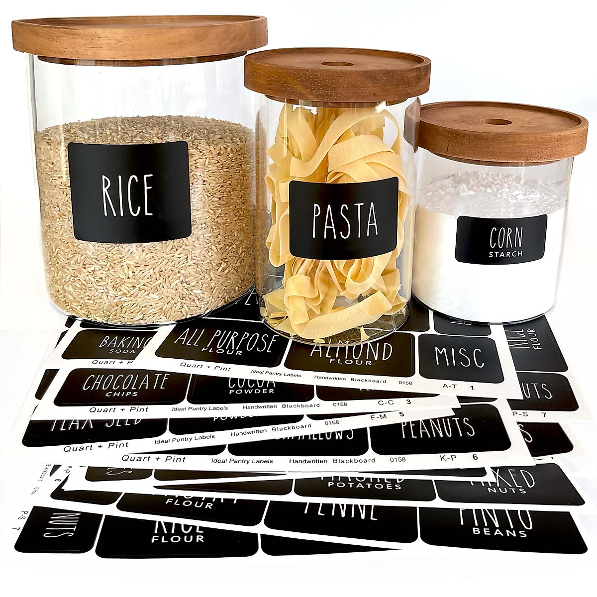 QUART + PINT 134 Kitchen Pantry Labels for Containers. Preprinted Retro Handwritten Style. Black Matte Sticker White Text. Waterproof Stickers. Organization Labels for Jars Canisters & Storage Bins.