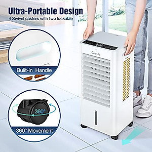 Grelife Evaporative Air Cooler, Portable Cooling Fan with 75° Oscillating, Humidifying, 1.58Gal Water Tank, 4 Ice Packs, Remote Control, 3 Speeds, 12H Timer, Personal Swamp Cooler for Room Home Office
