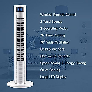 AKIRES 35” 70° White Oscillating Tower Fan 7H Timer,3 Speeds,3 Modes,Portable Electric Quiet Cooling Fan Standing Bladeless Floor Fans with Remote and LED Display for Office,Bedroom, Living Room
