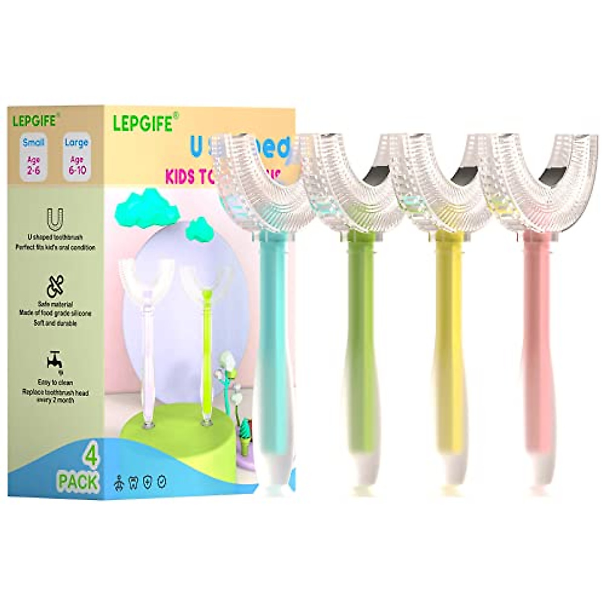 LEPGIFE U Shaped Kids Toothbrush 4 Pack, Fanttmon U-Type Whole Mouth Toothbrush for Kids (Age 6-10)