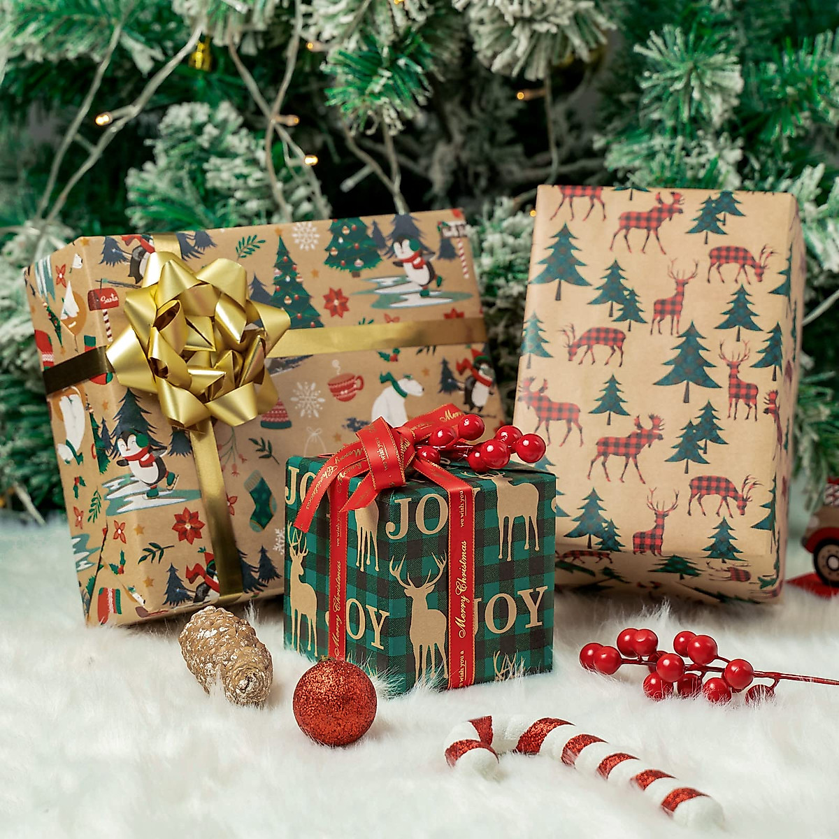 RUSPEPA Christmas Wrapping Paper Rolls with Tags and Jute String - 17 inches x 10 feet per Roll, Total of 3 Rolls