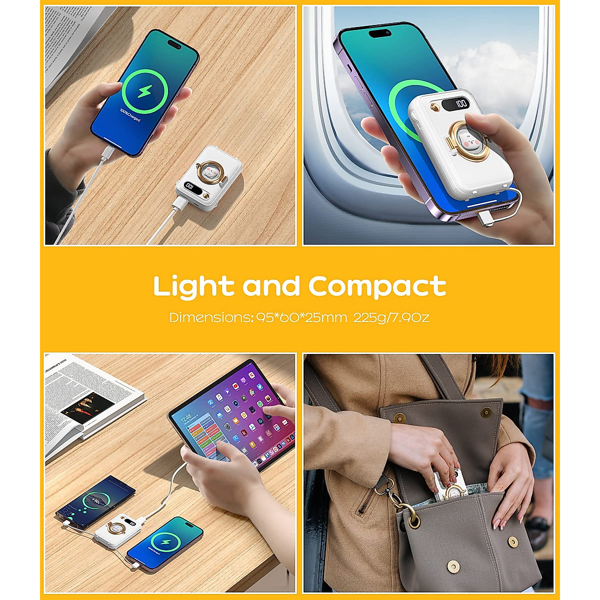 TTVCER Portable Charger 10000mAh, 22.5W USB C Small Cute Power Bank Fast Charging Compact Battery Pack with Built in 2 Cables and Precise led Digital Display,Compatible with iPhone,Tablet,Samsung