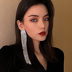 Wiwpar Fashion Women Long Rhinestones Tassel Earrings Bohemian Long Chain Drop Dangle Earrings for Women Girls (Silver)