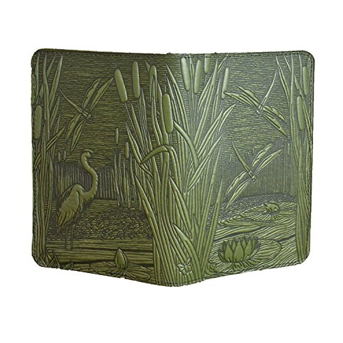 Oberon Design Dragonfly Pond Pocket Notebook Cover, Fits Many 5.5 x 3.5 Inch Notebooks, Embossed Genuine Leather, Fern Color, Made in the USA