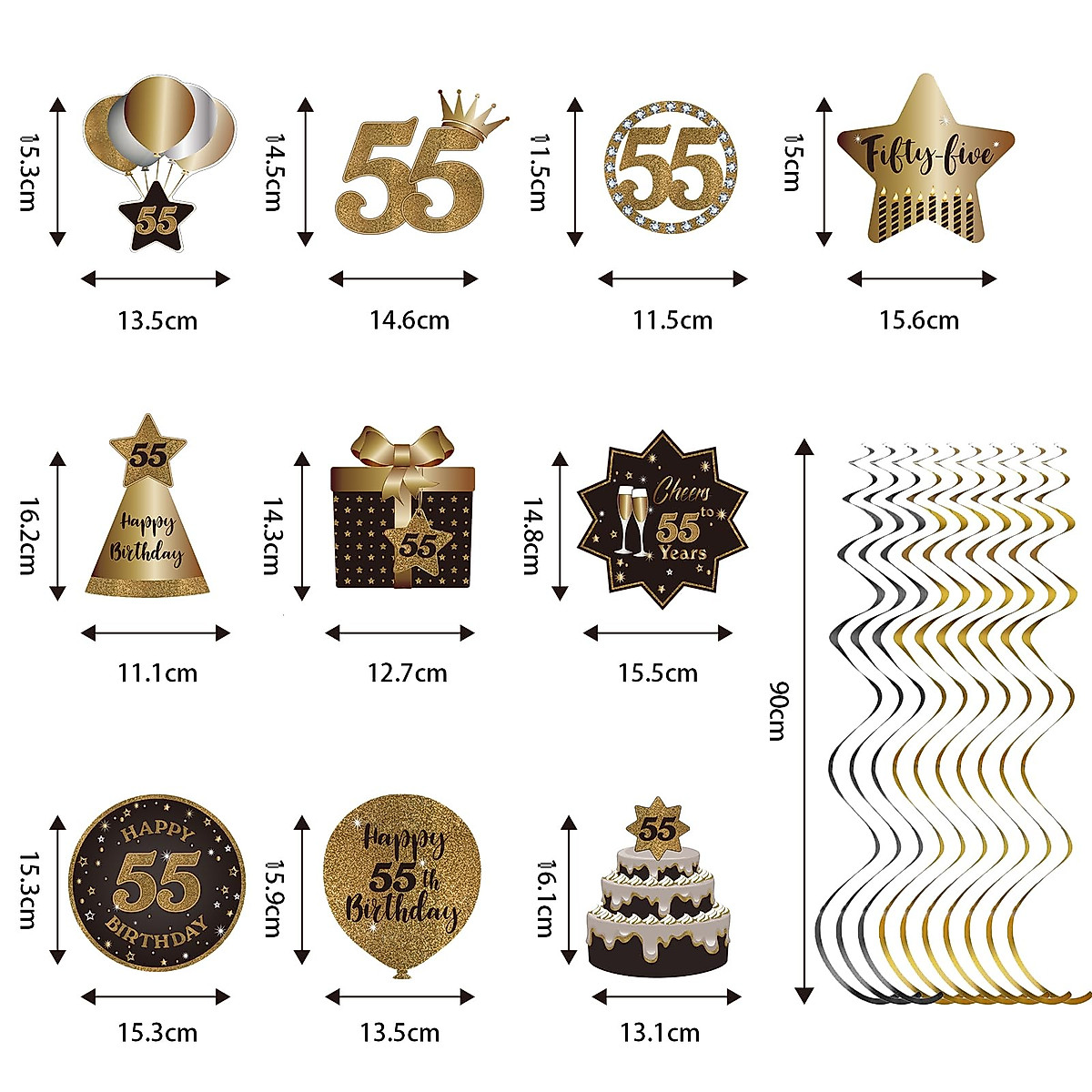 Happy 55th Birthday Party Hanging Swirls Streams Ceiling Decorations, Celebration 55 Foil Hanging Swirls with Cutouts for 55 Years Old Black and Gold Birthday Party Decorations Supplies