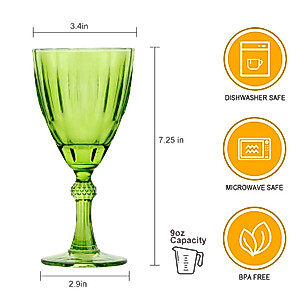 Clear Glass Goblet , Set of 6 Drinking Glasses with Stem , 10 oz Embossed Design | Wedding, Party Glass Set of 6 for Wine or Water (Multi-Color)