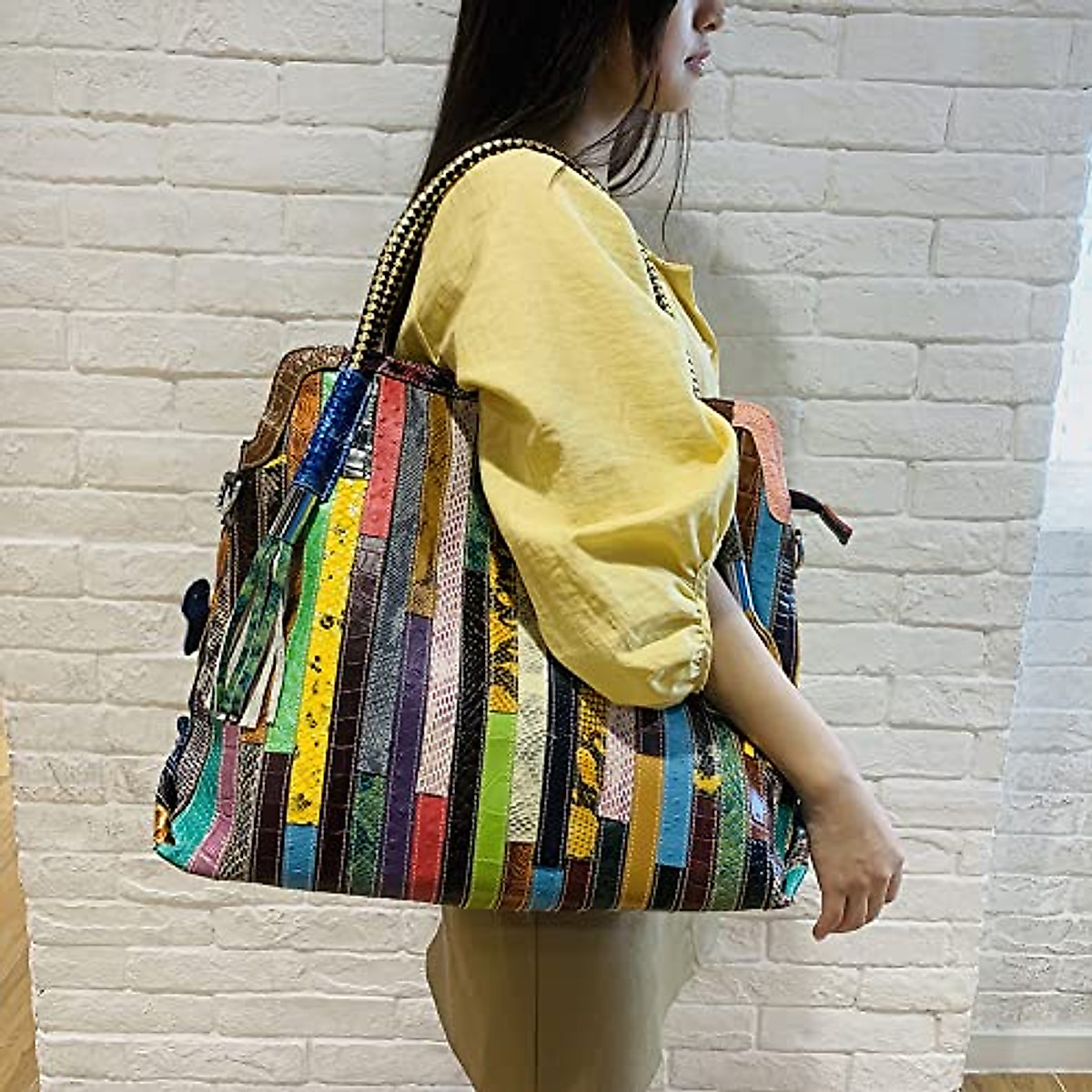 RainboSee Women OverSize Random Multicolor Purse Handbag Large Capacity Satchel Tote PU Leather Stiching Top Handle Shoulder Bag