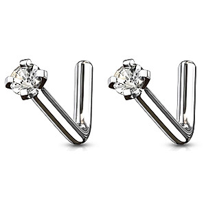Forbidden Body Jewelry 18g Grade 23 Titanium 2mm Press Fit CZ L Shaped Nose Stud (2pcs)