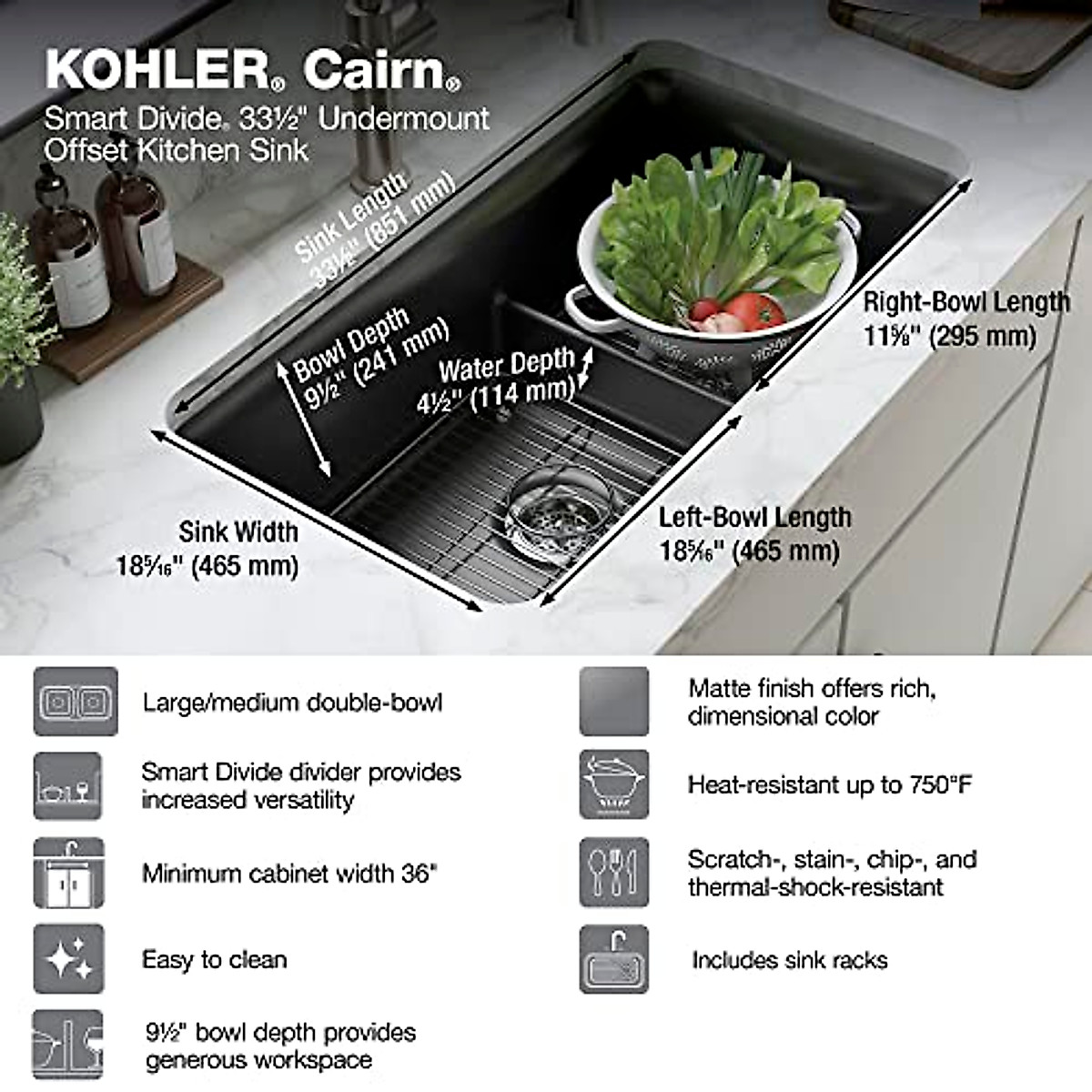 KOHLER Neoroc Undermount Double Bowl Kitchen Sink, Composite Sink with Smart Divide, 33" Double Offset Bowl with Sink Racks