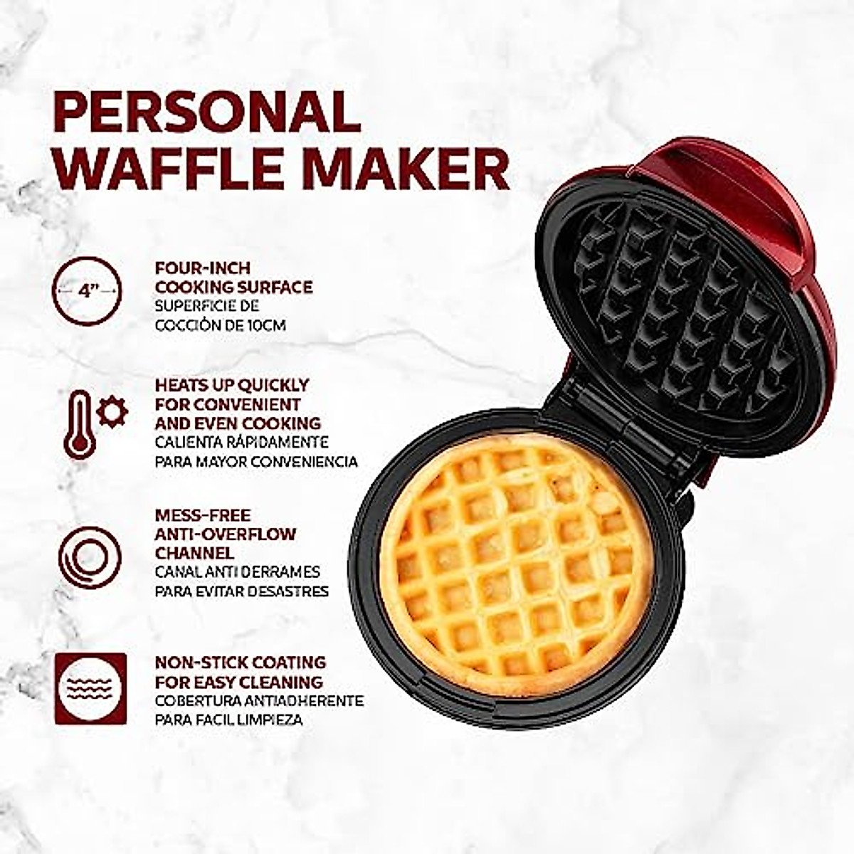 USEFUL PICKS Mini Waffles Maker for Individual, Easy to Clean, Non-Stick Surfaces, 5 Inch, Red