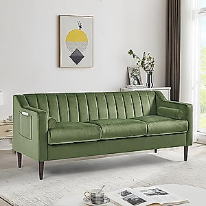 Tidyard Mid Century Modern Chesterfield Sofa Couch, Comfortable Upholstered Sofa with Velvet Fabric and Wooden Frame and Wood Legs for Living Room/Bed Room/Office Green -3 Seats