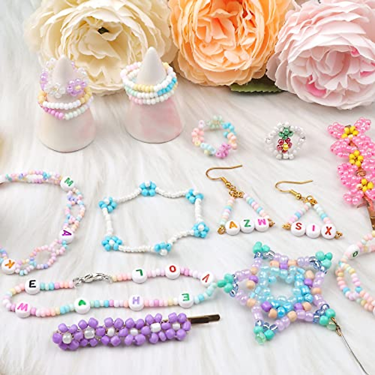 Gacuyi 6000 pcs Pastel Glass Seed Beads, Macaron 3MM Samll Craft Bead Pony Beads with Letter Alphabet Beads,Elastic String for DIY Bracelet Necklace Jewelry Making Supplies