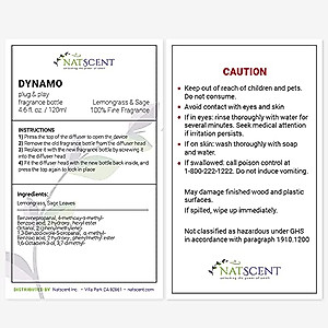 Natscent Plug & Play Lemongrass & Sage Fragrance Oil Bottle Replacement for Dynamo Aromatherapy Diffuser, Luxurious and Energizing Aroma Oils - 4 oz. (120 ml)