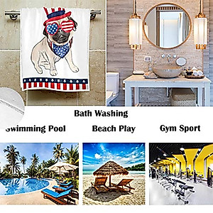 Patriotic Pug Dog Hand Towels 16x30 in USA Flag Striped Bathroom Towel Soft Absorbent Small Puppy in Glasses Hat Bath Towel Kitchen Dish Guest Towel Home Independence Memorial Day Decorations
