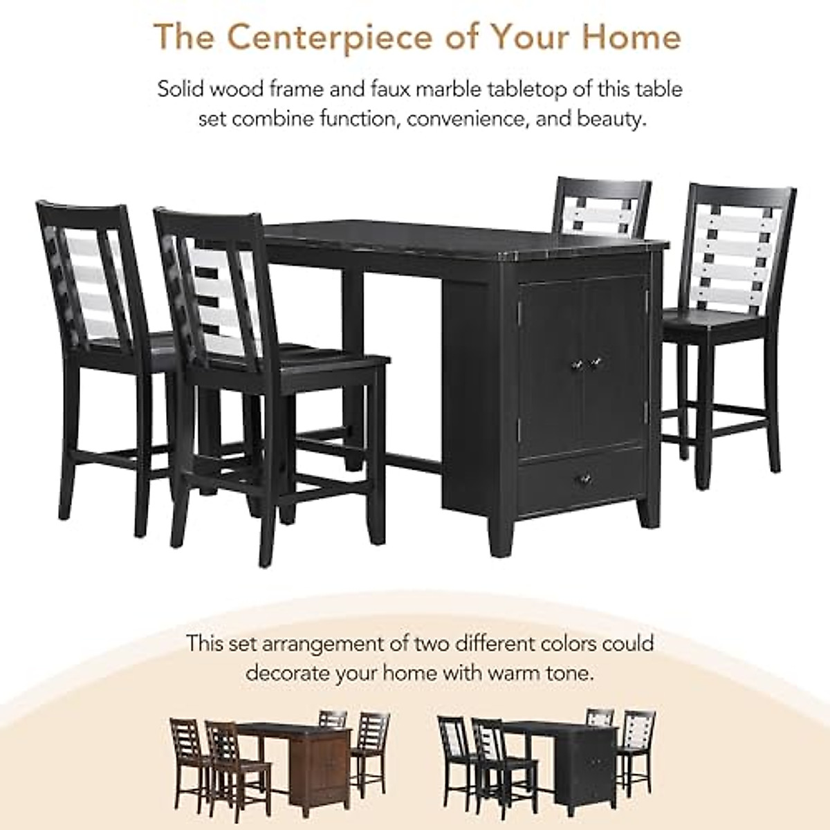 SIYSNKSI Rustic 5-Piece Counter Height Dining Table Set with Faux Marble Tabletop, Solid Wood Rectangle Dining Table with Storage Cabinet and Drawer for Dining Room Kitchen (Black 07)