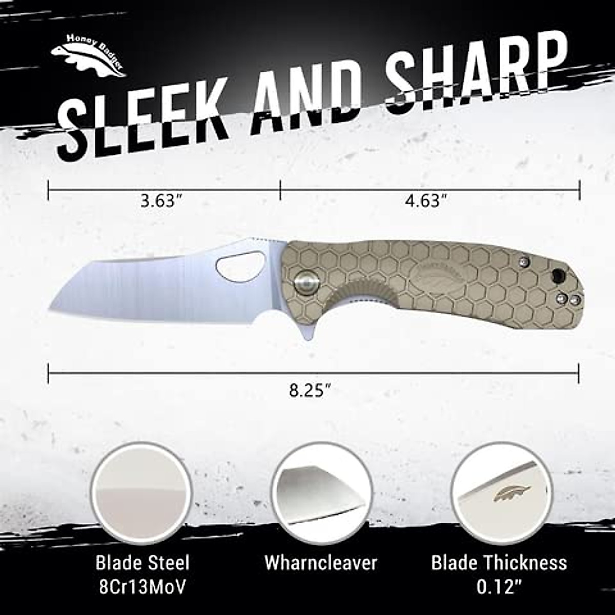 Western Active Honey Badger Knife - Flipper Wharncleaver Pocket Knife, EDC Knife, Hunting Knife with 3.6" Steel Blade, Nylon+Glass Fiber Handle, & Reversible Pocket Clip, 4.0oz, Large Tan HB1032