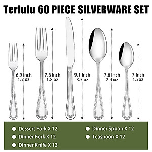 Terlulu 60 Piece Silverware Set for 12, Stainless Steel Flatware Set, Mirror Polished Cutlery Set Utensil Set, Tableware Include Forks Spoons Knives for Home Restaurant, Beaded Handle, Dishwasher Safe