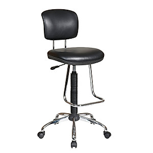 Office Star DC Series Pneumatic Drafting Chair with Vinyl Stool and Back, Heavy Duty Chrome Teardrop Footrest, Black