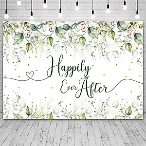 AIBIIN 7x5ft Happily Ever After Backdrop for Wedding Eucalyptus Leaves Gold Dots Photography Background Bridal Shower Wedding Party Decorations Banner Photo Props