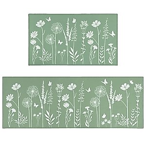 Sage Green Kitchen Mat Rug Set of 2- Plant Floral Butterfly Kitchen Rugs with Runner Kitchen Decor Accessories Things, Kitchen Rug Mat- Leaves Rugs for Home Kitchen Large- 17x30 and 17x47 Inch