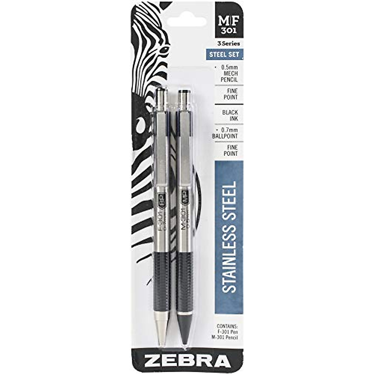 Zebra Pen Stainless Steel Writing Set, M-301 Mechanical Pencil and F-301 Mechanical Pencil, Black Grip, 2-Pack