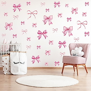 Whaline 12 Sheets Trendy Pink Bow Wall Stickers Light Pink Bow Knot Wall Decals Watercolor Room Mural Stickers for Girls Party Home Nursery, 7.9 x 11.8 Inch