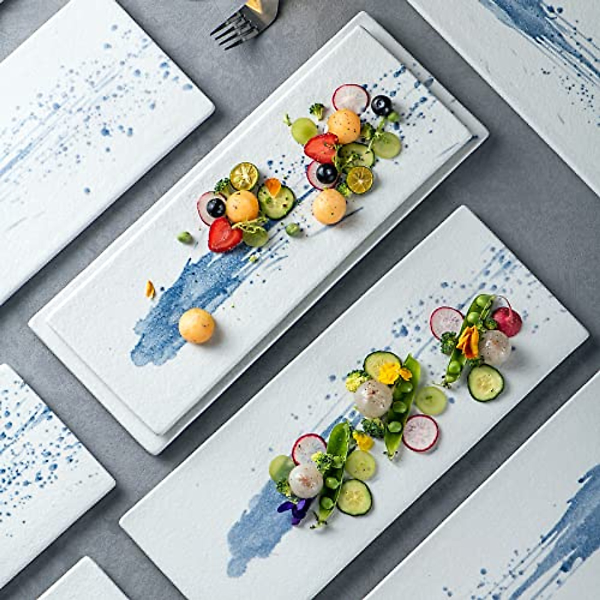 Uaral Serving Platter Long Flat Plate - 14 inch Rectangular Tray for Party,Sushi,Appetizer,Sashimi,Cheese,Set of 2, (Blue)