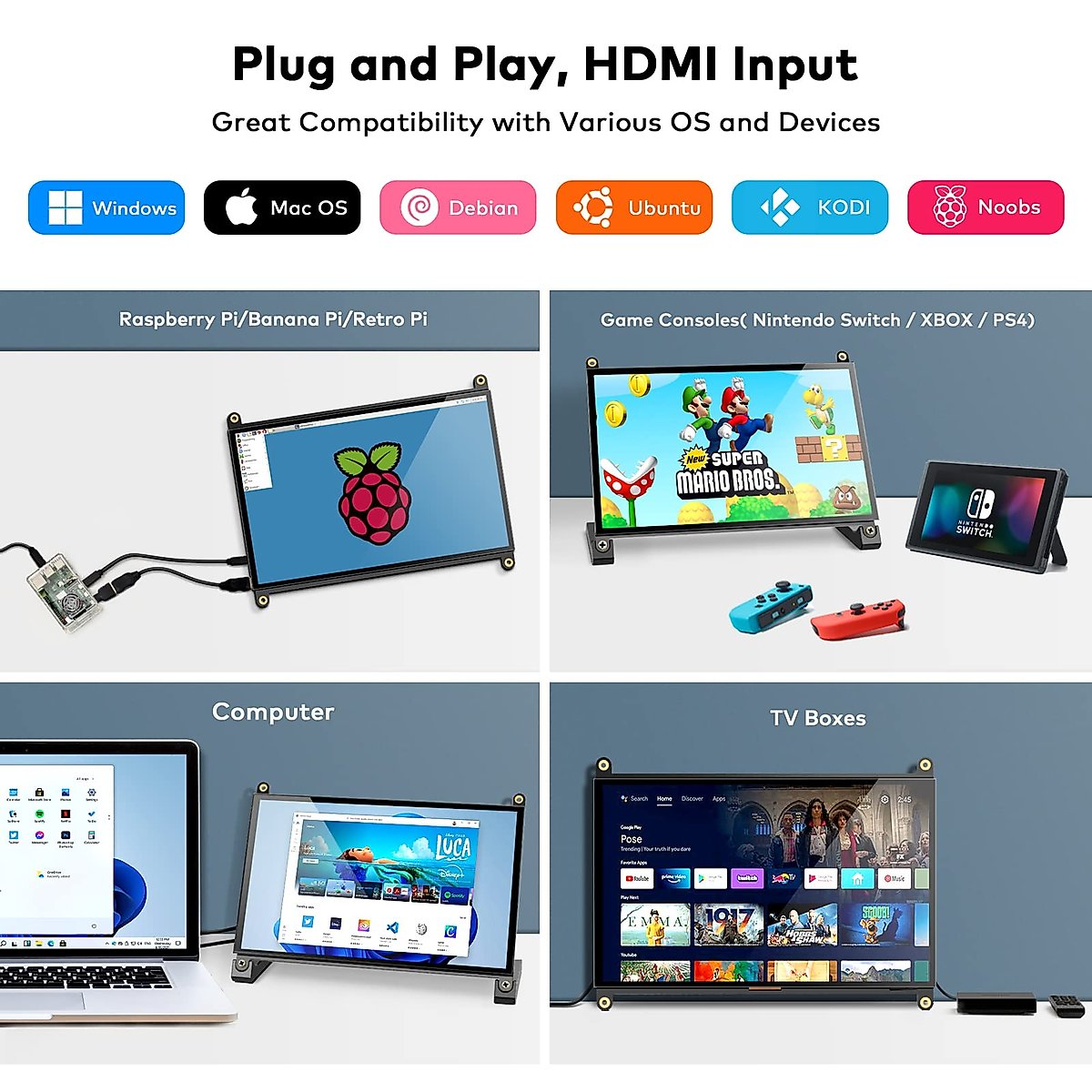 NORSMIC Raspberry Pi Screen, 7 inch Monitor, IPS HD 1024×600, Responsive Capacitive Touch,Dual Built-in Speakers,HDMI Input,Compatible with Various Devices and OS,Easy Assembly,Driver Free