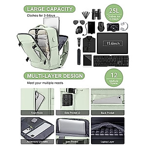 Large Travel Backpack for Women Carry On Airline Flight Approved Expandable Work Personal Item size Backpack Bag with Laptop compartment for College Men Waterproof Hiking Mochila de Viaje MintGreen