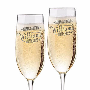 Set of 2, Personalized Wedding Champagne Flutes Glasses 8 oz. with Box, Custom Engraved with Names and Date, Toasting Flutes Gifts for Bride, Groom, Newly Weds (Family Name)