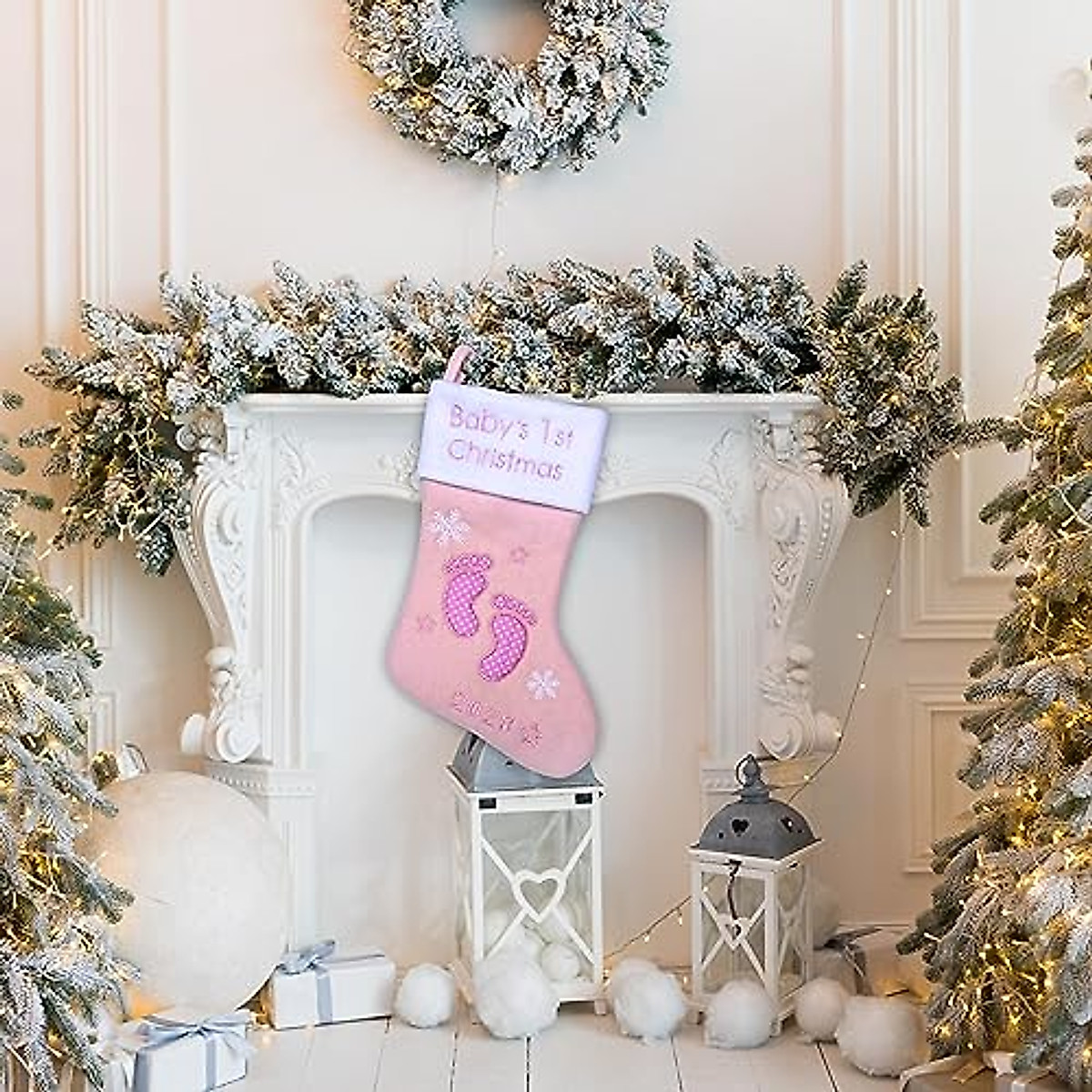 Heart's Sign Babys First Christmas Stocking 2024 Footsteps | My First Christmas Baby Boy and Baby Girl | Newborn Stockings Christmas Ornaments | Newborn Christmas Decor (Pink)