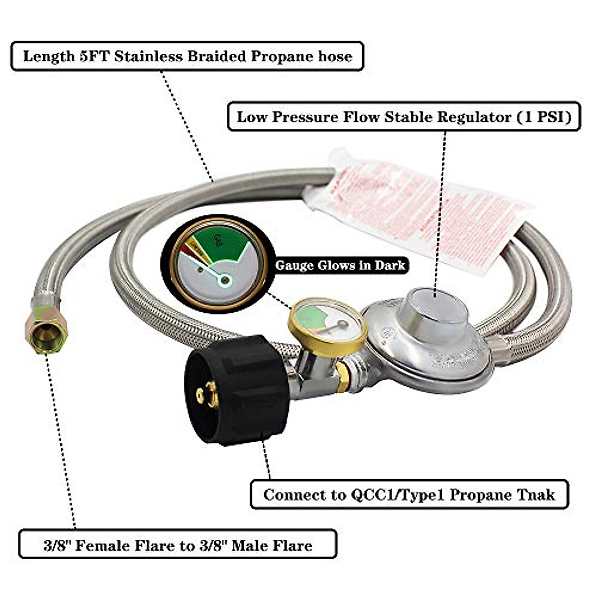MCAMPAS 5 FT Propane Hose Regualtor with Gauge,QCC1 Stainless Steel Braided Hose and 3/8" Female Flare Nut for Weber Grill, Propane Heater, Patio Heater, Fire Pit,Burner Stove,Smoker,Water Heater