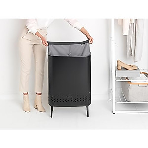 Brabantia Bo Laundry Hamper Hi (Matt Black) 2 Compartment Removable Laundry Bag 2 x 12 Gal, Ventilated Stylish Dirty Clothes Holder, Flat Back, Off-the Ground, Anti-Rust Materials for Bathroom Use
