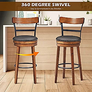 COSTWAY Bar Stools Set of 2, 360-Degree Swivel Stools with Leather Padded Seat, Single Slat Ladder Back & Solid Rubber Wood Legs, Bar Height Stools for Pub, Restaurant, Kitchen, Brown (2, 30.5)
