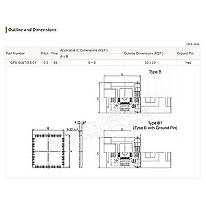 QFN64 Clamshell Programming Adapter Socket/Burning Socket/IC Test Socket QFN-64BT-0.5-01, 64-Pin, 0.5mm Pitch, IC Test Burn-in Socket, Applied to QFN64, MLP64, MLF64 Packages.