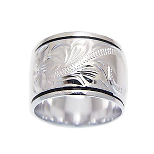 925 sterling silver Hawaiian plumeria scroll black enamel border 15mm ring size 13