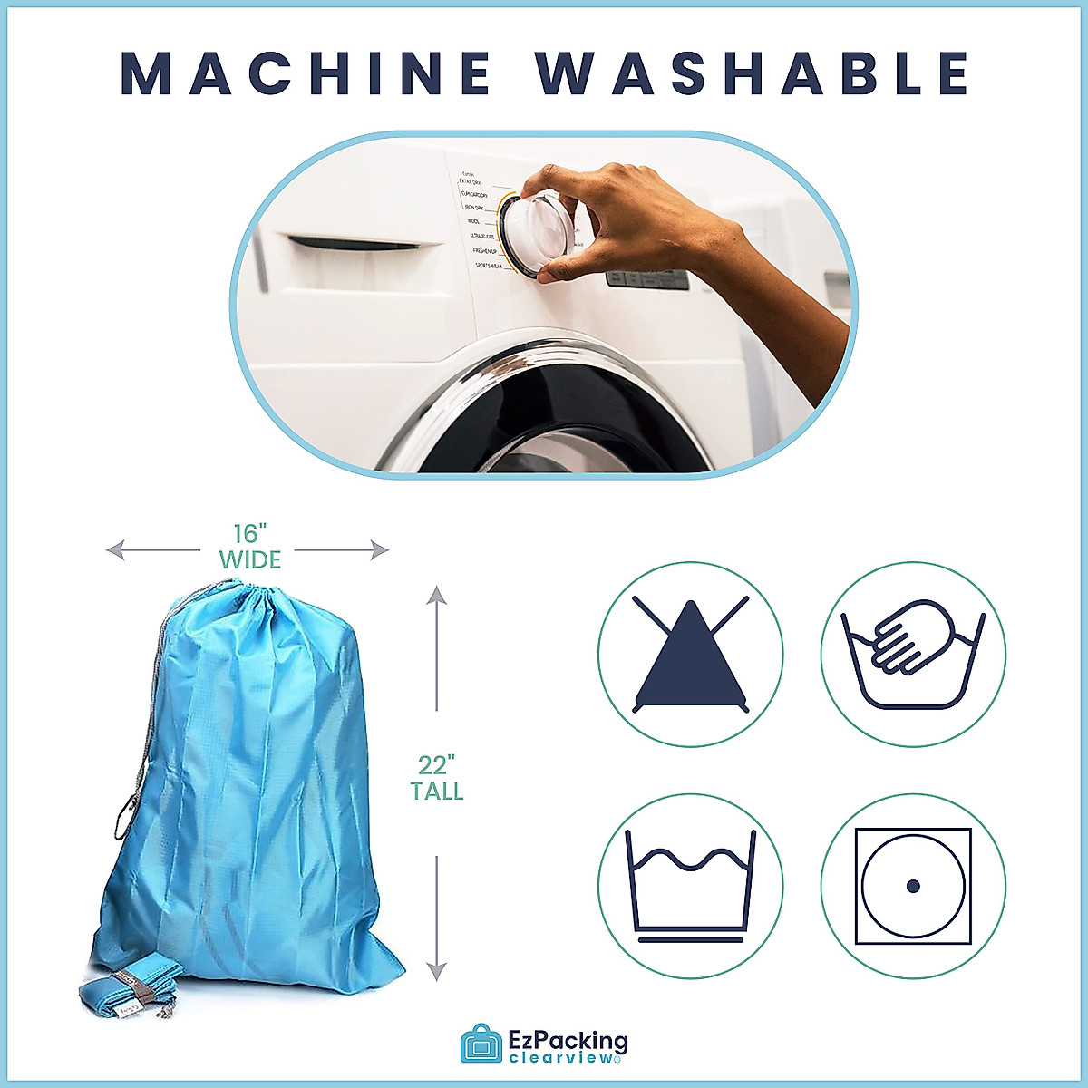 EzPacking Travel Laundry Bag with Drawstring/Foldable Compact Lightweight Small Travel Size for Suitcase / (22” X 16”) / Clean Dirty Clothes Wash Bag/Nylon Blue/Washable/For Women Men Kids Baby