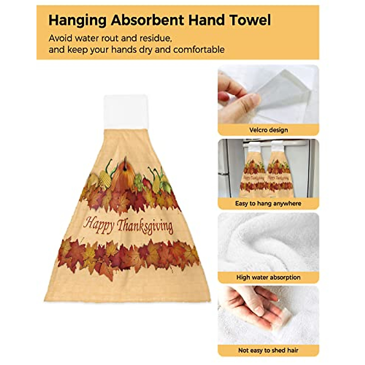 Happy Thanksgiving Orange Kitchen Hanging Towel Hand Towels with Loop, 1 Pack Soft Absorbent Tie Towel for Bathroom Farm Crops Pumpkin and Maple Leaves Tea Bar Dish Cloths Home Cleaning Terry