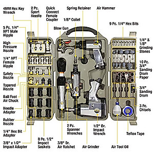 Trades Pro Air Tool and Accessories Kit, 71 Piece, Impact Wrench, Air Ratchet, Die Grinder, Aire Hammer, Hose Fittings, Storage Case - 836668