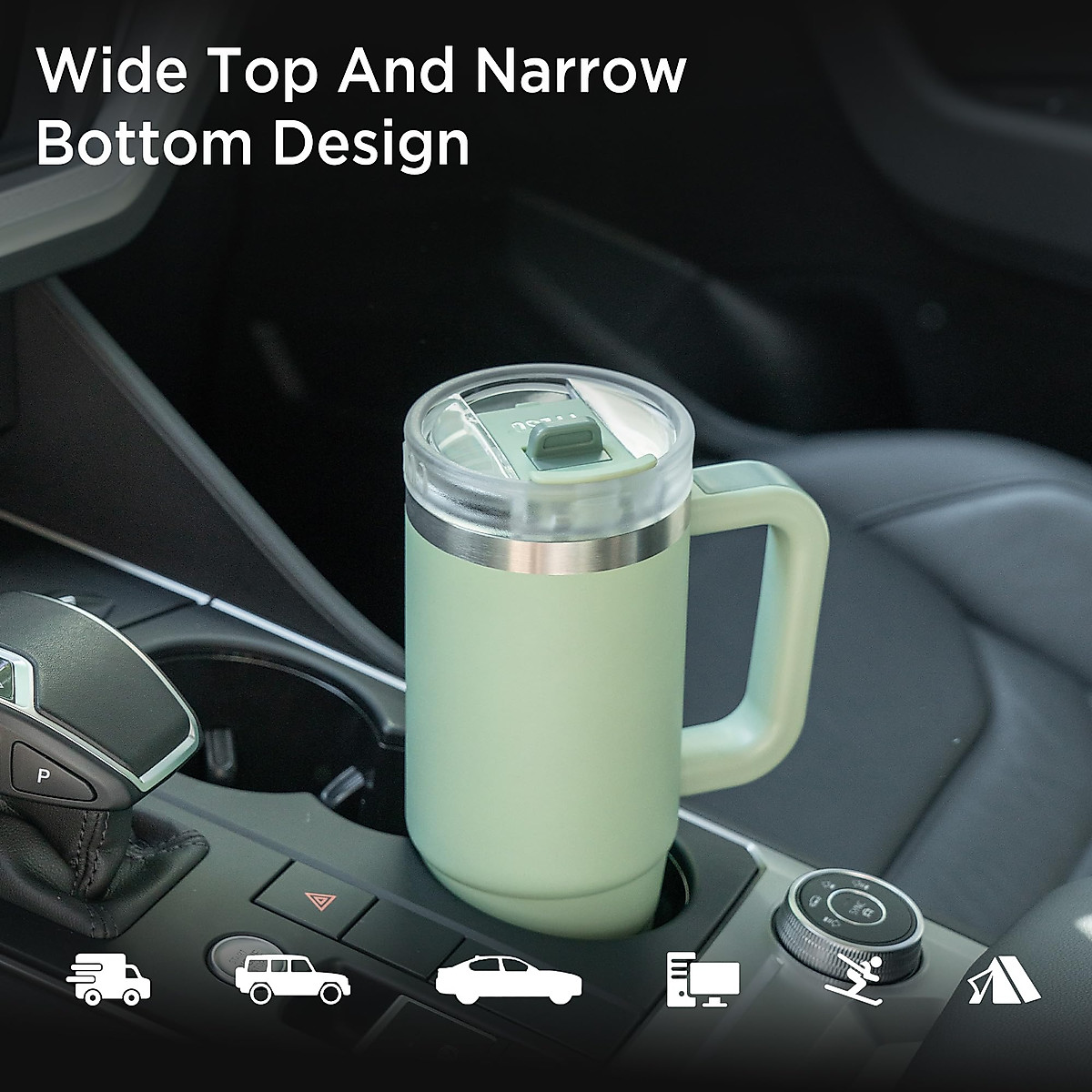 TYESO 30 oz Tumbler with Handle, Straw and Lid - Leak Resistant Insulated Stainless Steel Water Bottle, Car Cup Holder Friendly Travel Coffee Mug Green - Gifts for Men & Women