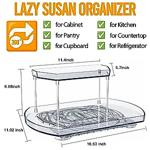 Colel Lazy Susan Turntable Organizer for Refrigerator, 16.53" x 11.02" Rectangular Fridge Lazy Susan Turntable Organizer for Kitchen (Double Layer)