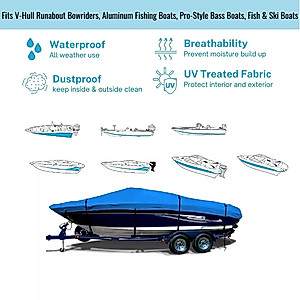 Savvycraft Heavy Duty Boat Cover, Waterproof Trailerable Boat Cover fits V-Hull Runabouts, Aluminum Fishing Boats, Pro Style Bass Boats, Fish&Ski (Size 4: 17ft-19ft Long, Beam up to 100", Blue)