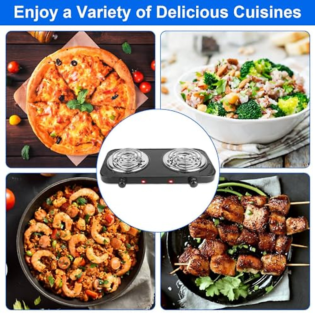 KOCASO Double Countertop Single Burner Electric Stove, 2000W Portable Coil Heating Hot Plate RV Hot Plate, with Non Slip Rubber Feet + 5 Temperature Adjustments, w/ 35in Plug Cord, Black