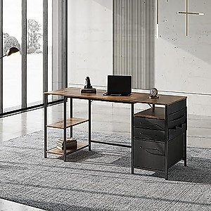 Maihail Office Desk with 2 Drawers, 59" Desk with Shelves. Desk with Storage Bag, Computer Desk for Home Office, Desk with Adjustable Shelves, Industrial Simple Workstation Wood Table, Rustic Brown