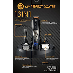 My Perfect Goatee®️ 13-in-1 Mens Grooming Kit - LED Display Beard Trimming Kit with Travel Bag, Charging Stand, & More - Waterproof, Cordless Electric Trimmer for Nose, Body, & More – Ideal Gift Set