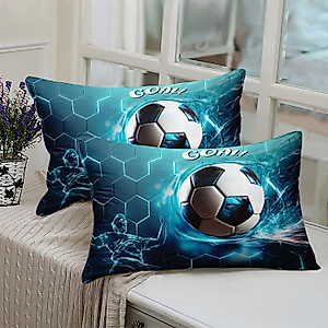 AILONEN Boys Soccer Printed Fitted Sheet Set Queen Size,Football Player Blue Bed Sheet Set,Sports Fitted Sheet with 2 Pillowcases,3 Piece Speed Soccer Bedding Set for Kids Teens Men