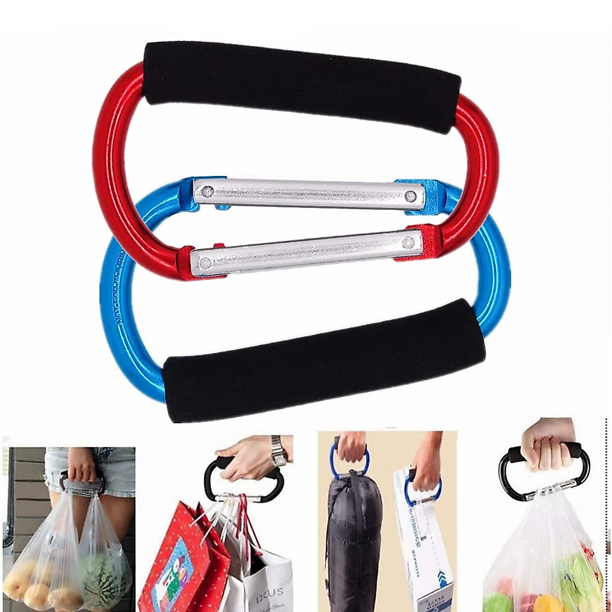 Stroller Hooks, 2 Pack 5.4" Aluminum Steel Large Carabiner - Stroller Organizer Hook Clips for Hanging Diaper Bags